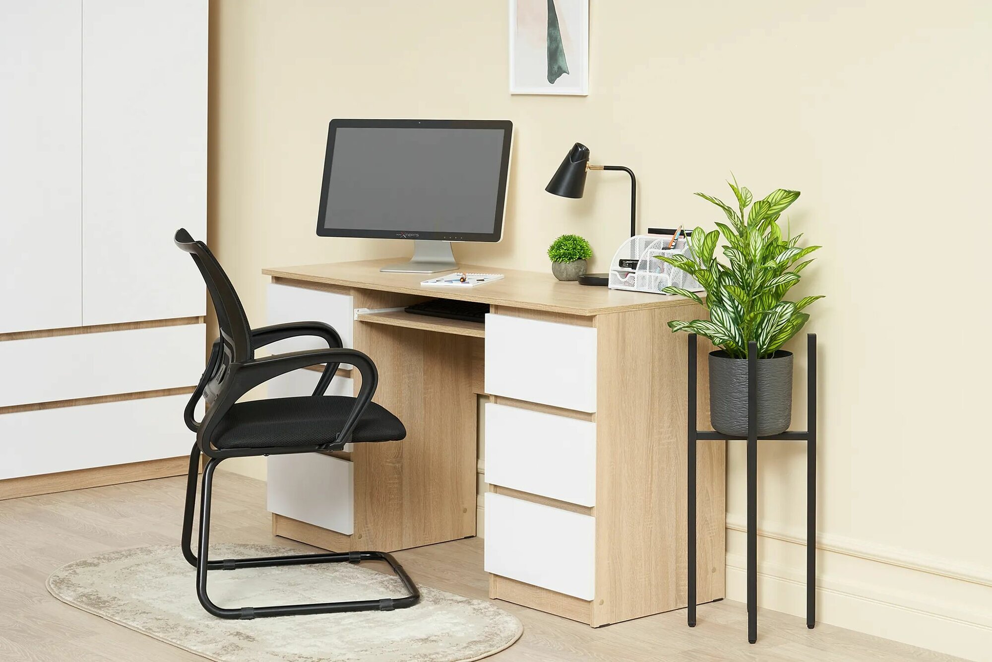 Челси Стол 6 ящиков (Белый глянец холодный, дуб сонома)