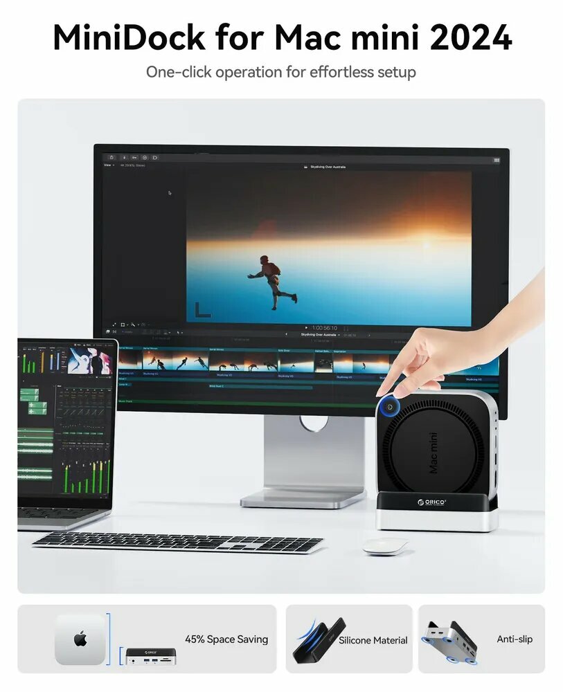 USB HUB 6 в 1 MiniDock Мини-ПК Вертикальная Подставка, для Mac Mini M4&M4 Pro, M.2 NVMe Поддерживает до 8 ТБ, USB До 10 Гбит/с 3.5 jack SD TF