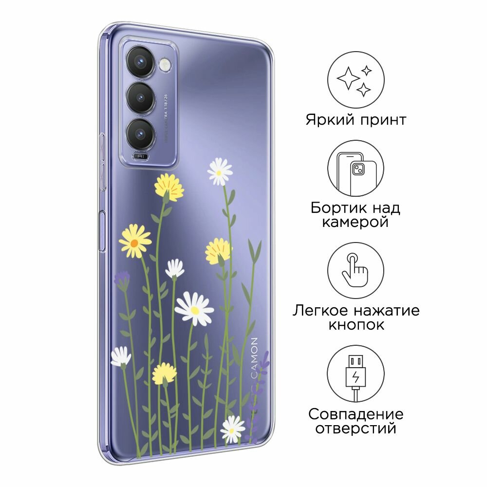 Чехол на Tecno Camon 18/18T / Текно Камон 18/18T с принтом "Пучок полевых цветов", прозрачный — фото 1