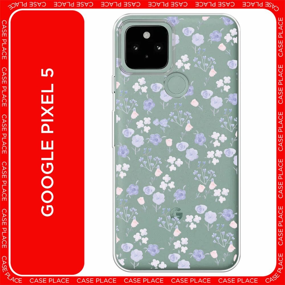 Чехол на Google Pixel 5 / Гугл Пиксель 5 с принтом "Сиреневые розы паттерн", прозрачный