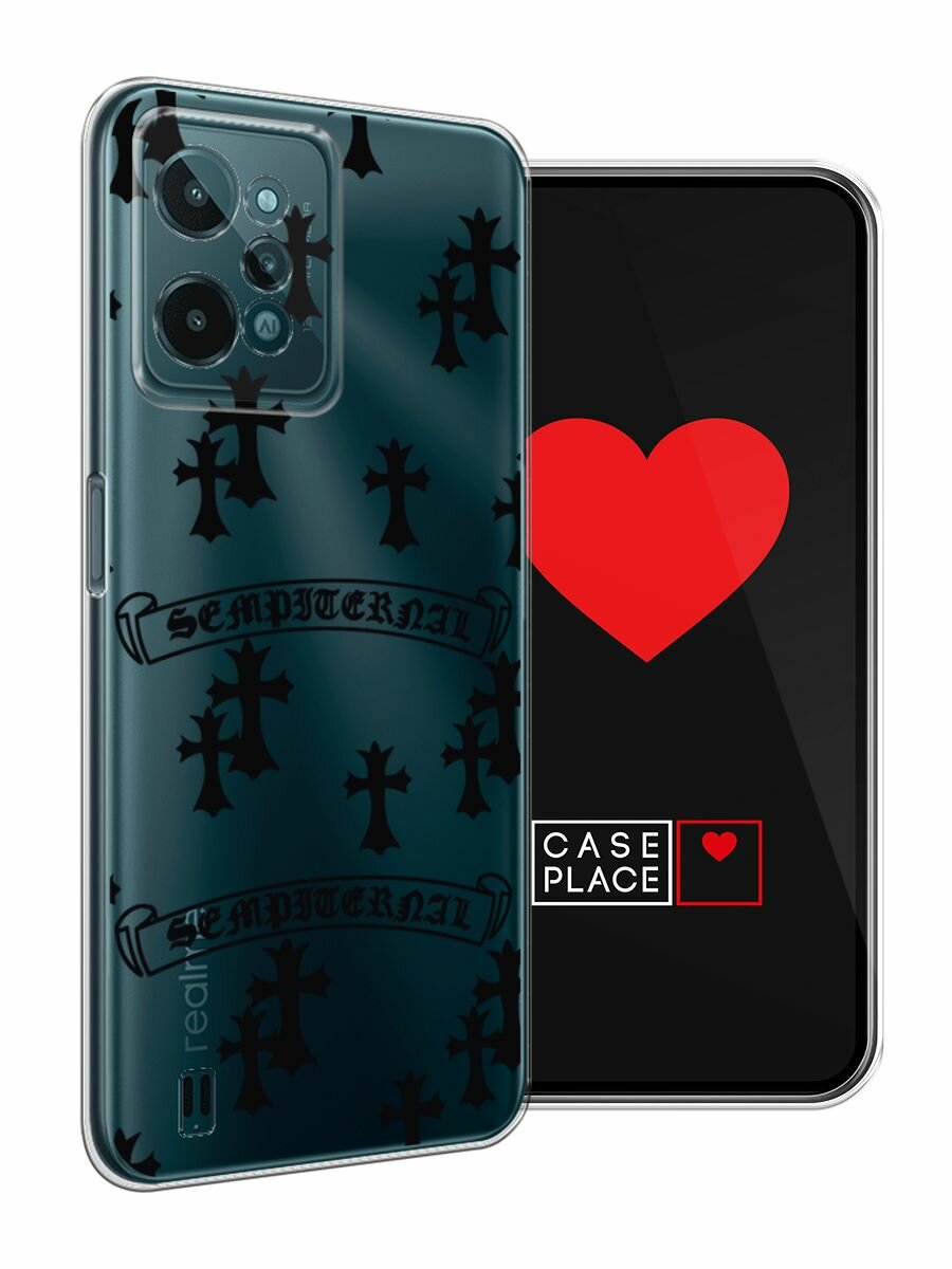 Чехол на Realme C31 / Реалми C31 с принтом "Кресты паттерн чёрный", прозрачный — фото 1