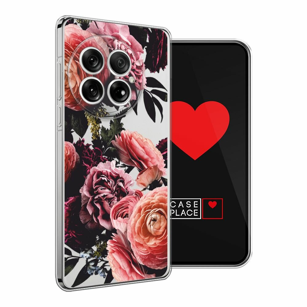 Чехол на OnePlus 13 / Ван Плас 13 с принтом "Бордовые винтажные цветы", прозрачный — фото 1