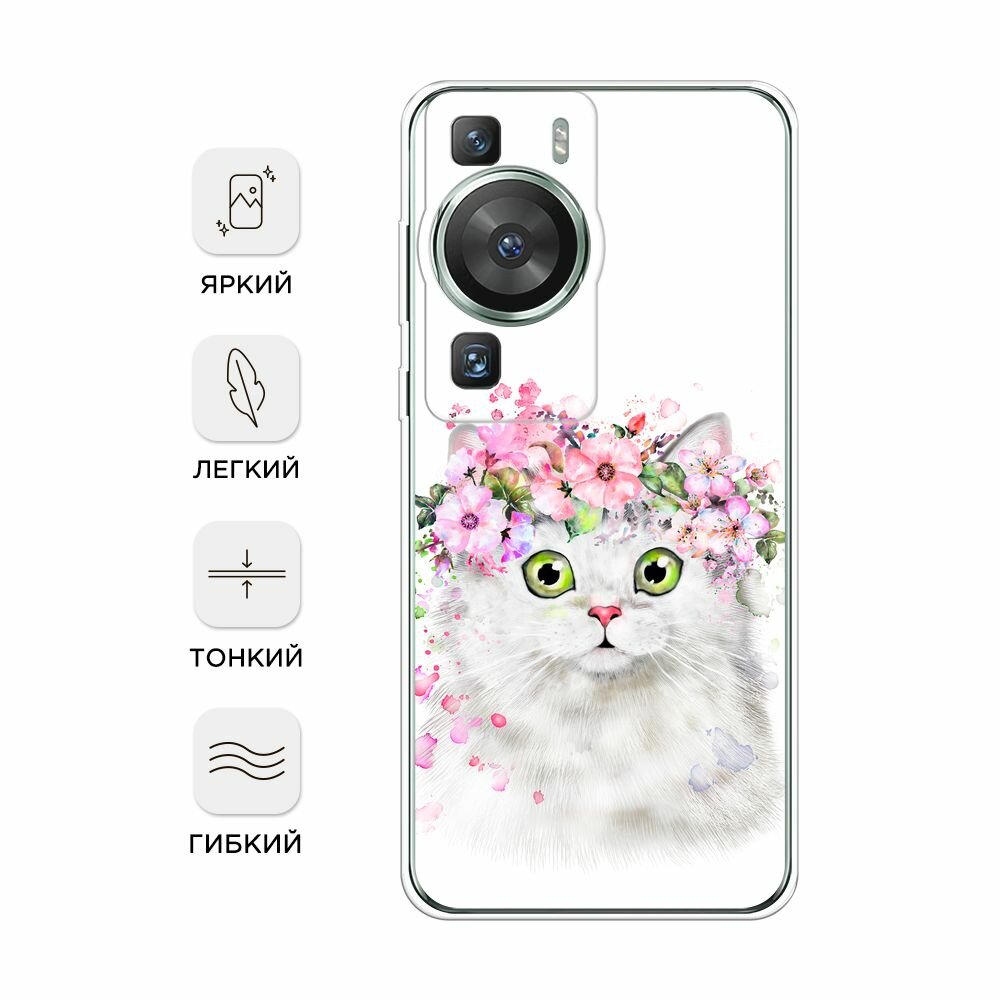 Чехол на Huawei P60/P60 Pro / Хуавей P60/P60 Про с принтом Белая кошка с цветами — фото 1
