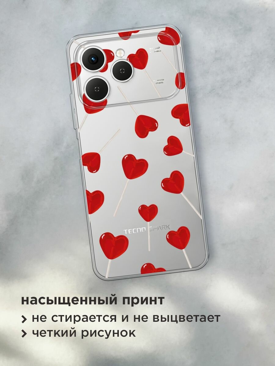 Чехол на Tecno Spark 40 / Текно Спарк 40 с принтом "Сердечки-леденцы 2 - 14 февраля", прозрачный — фото 1