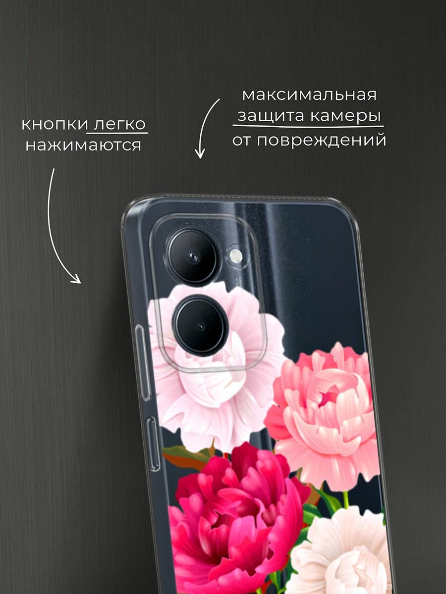 Чехол на Realme C33 / Реалми С33 с принтом "Большие пионы", прозрачный — фото 1