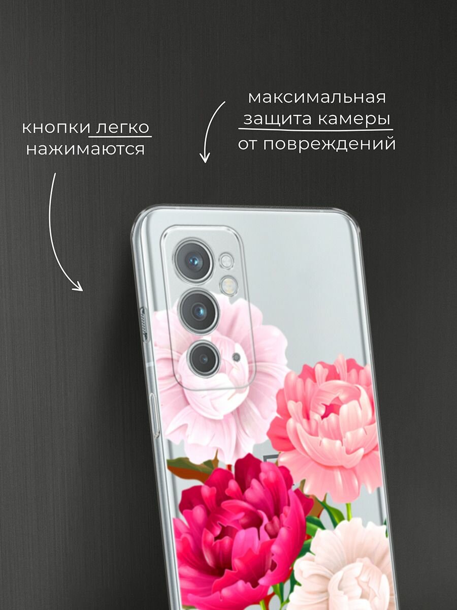 Чехол на OnePlus 9RT / ВанПлас 9RT с принтом "Большие пионы", прозрачный — фото 1