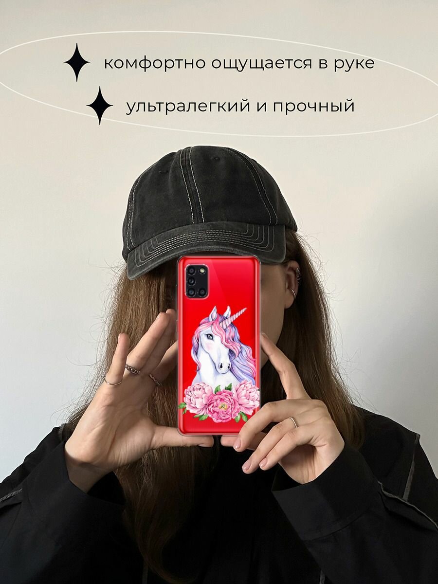 Чехол на Samsung Galaxy A31 / Самсунг Галакси А31 с принтом "Единорог с пионами", прозрачный — фото 1