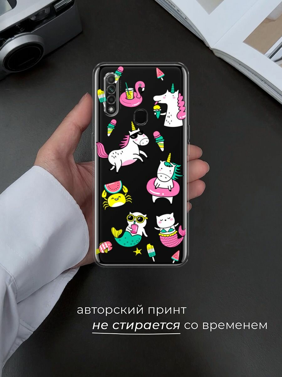 Чехол на Oppo A31 / Оппо А31 с принтом "Единороги в отпуске", прозрачный — фото 1