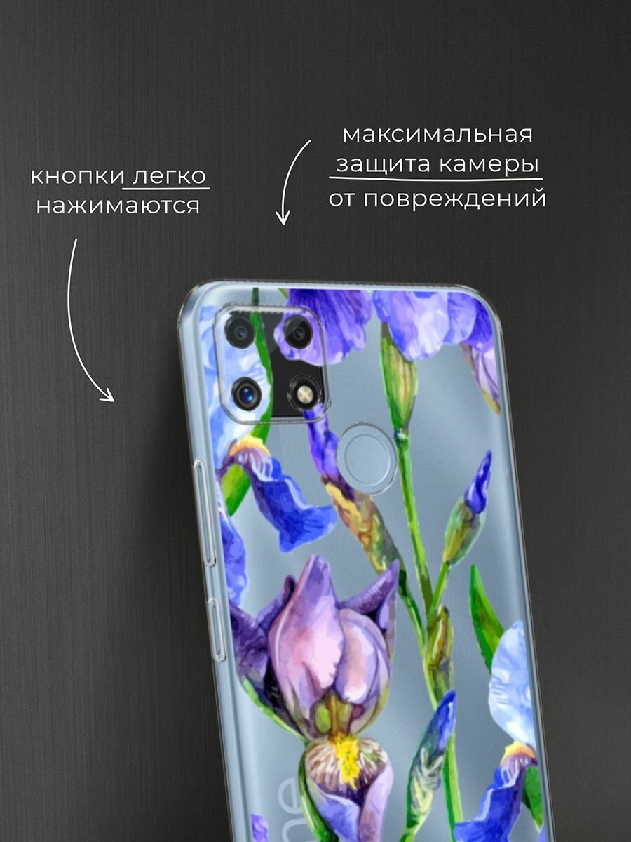 Чехол на Realme C25/C25s / Реалми С25/C25s с принтом "Синие ирисы", прозрачный — фото 1