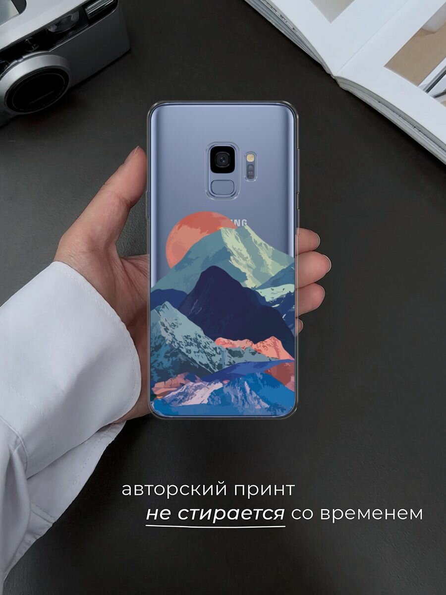 Чехол на Samsung Galaxy S9 / Самсунг Галакси С9 с принтом "Закат в снежных горах", прозрачный — фото 1