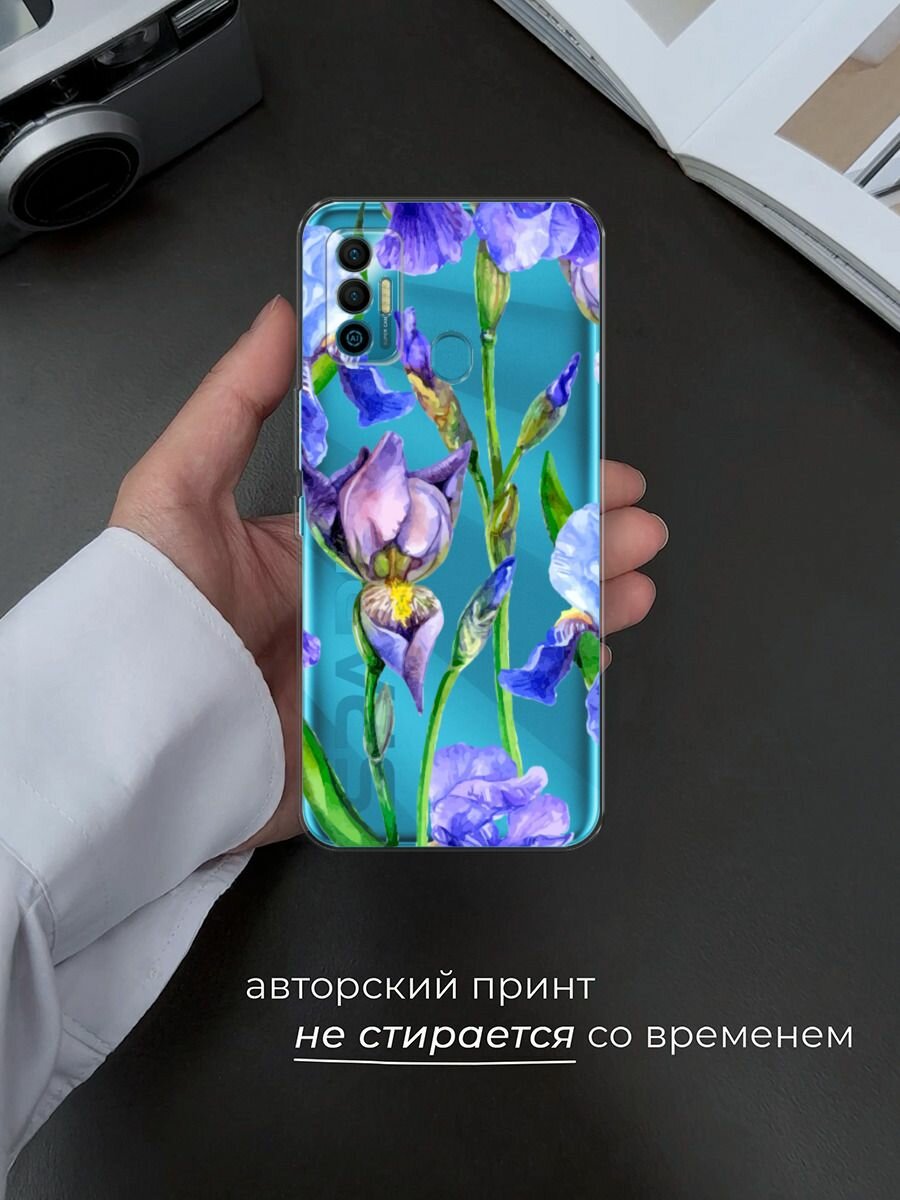 Чехол на Tecno Spark 7 / Техно Спарк 7 с принтом "Синие ирисы", прозрачный — фото 1