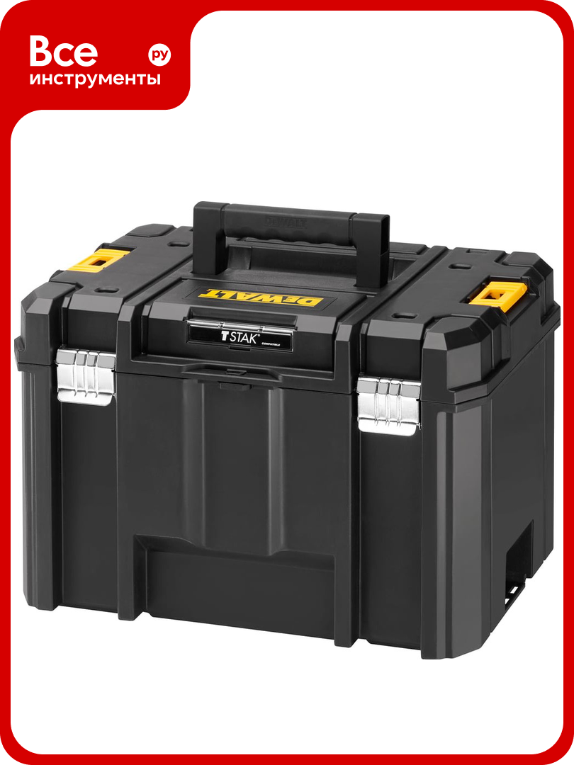 Ящик для инструмента Dewalt из ударопрочного пластика, объем 23 литра, нагрузка до 30 кг, металлический замок, черный цвет, удобная ручка для переноски