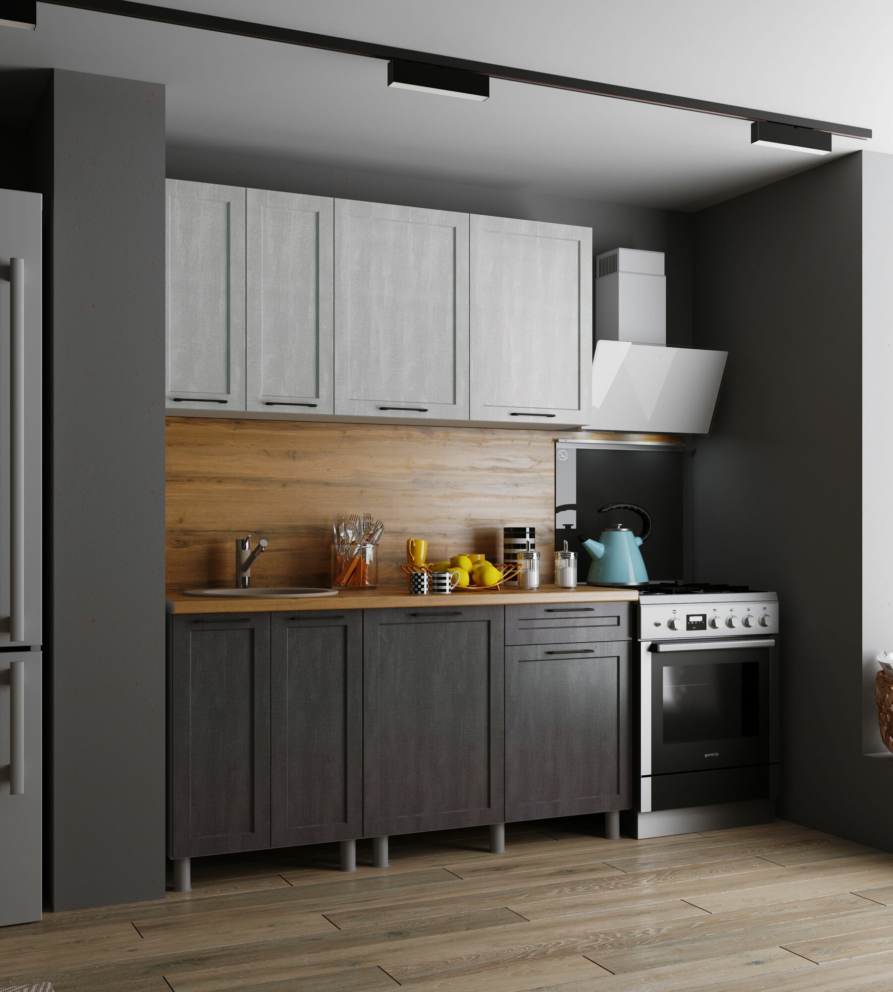 Кухонный гарнитур Кальяри (Корпус: 1,6 м белый + Фасад: "Кальяри" 1,6 м Холст Грей/Холст Натуральный) (Микон)