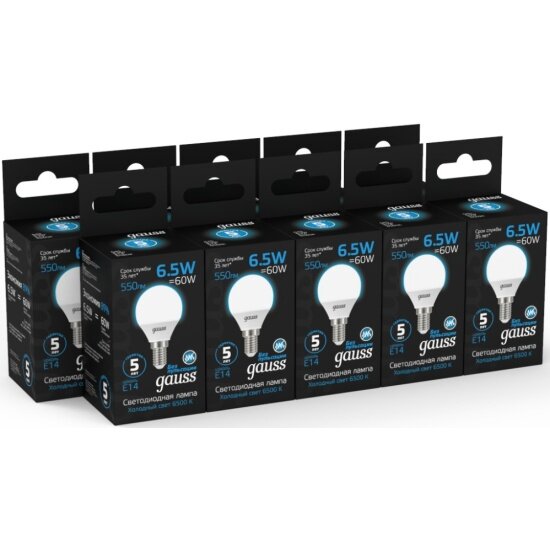 Светодиодная лампа Gauss Лампа Шар 6.5W 550lm 6500K E14 LED 1/10/100