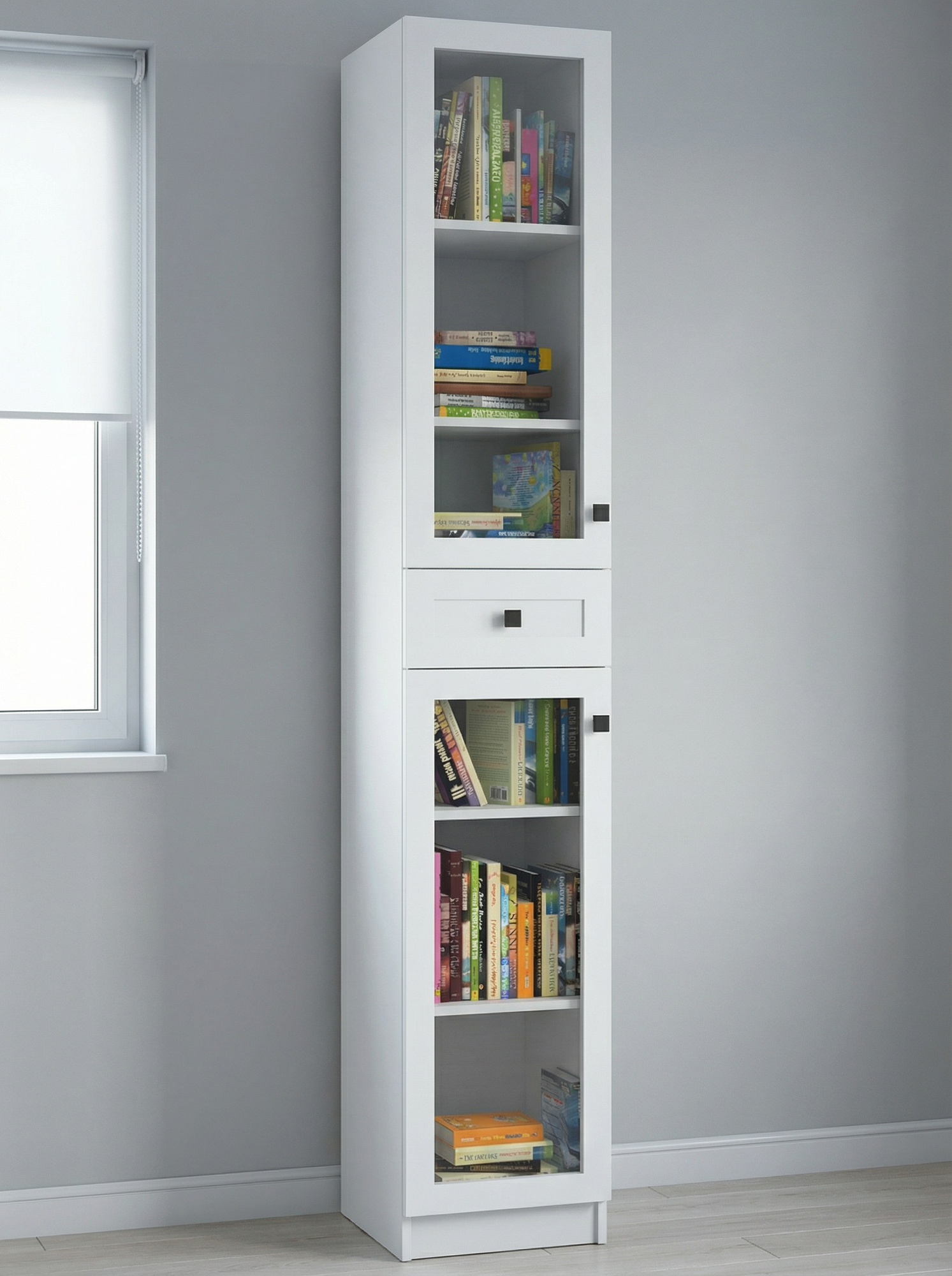 Шкаф-пенал книжный Вита 1-7 с 1 ящиком и 2 дверцами, ШхГхВ: 34х38х210 см, белый