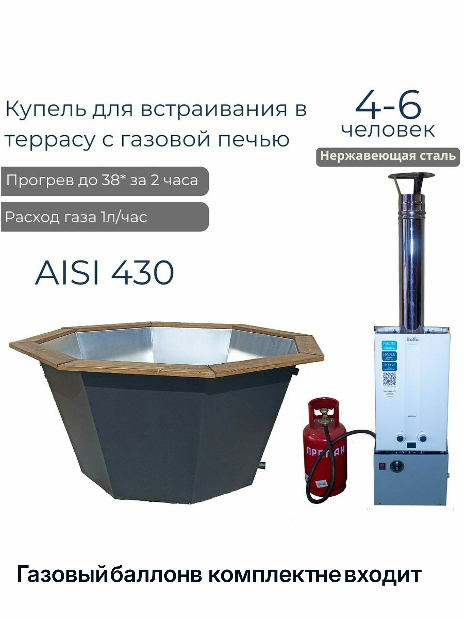 Купель из нерж. стали AISI 430, в стандартной отделке с газовой печью.