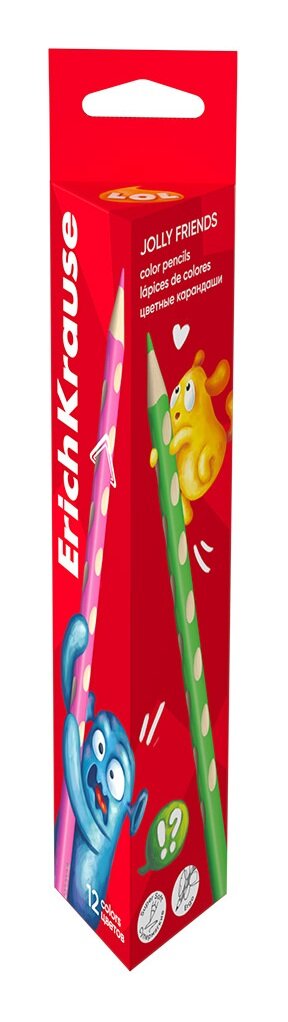 Набор карандашей Erich Krause 12 цветов, "Jolly Friends", эргономические, трёхгранные, гриф 3 мм (63600)