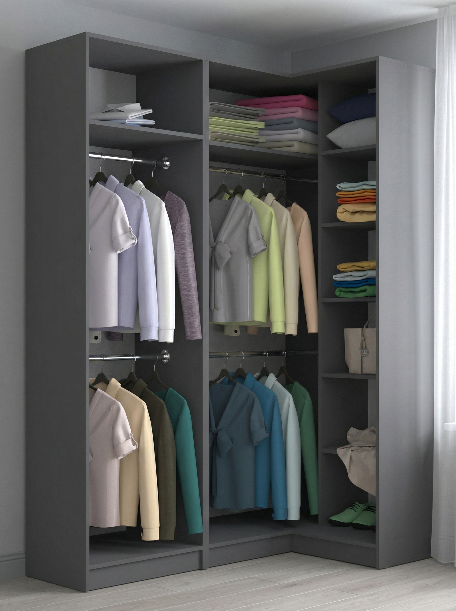 Открытый гардеробный угловой шкаф Макс-15 с 4 штангами для вешалок и 8 полками, ШхГхВ: 160х100х210 см, графит