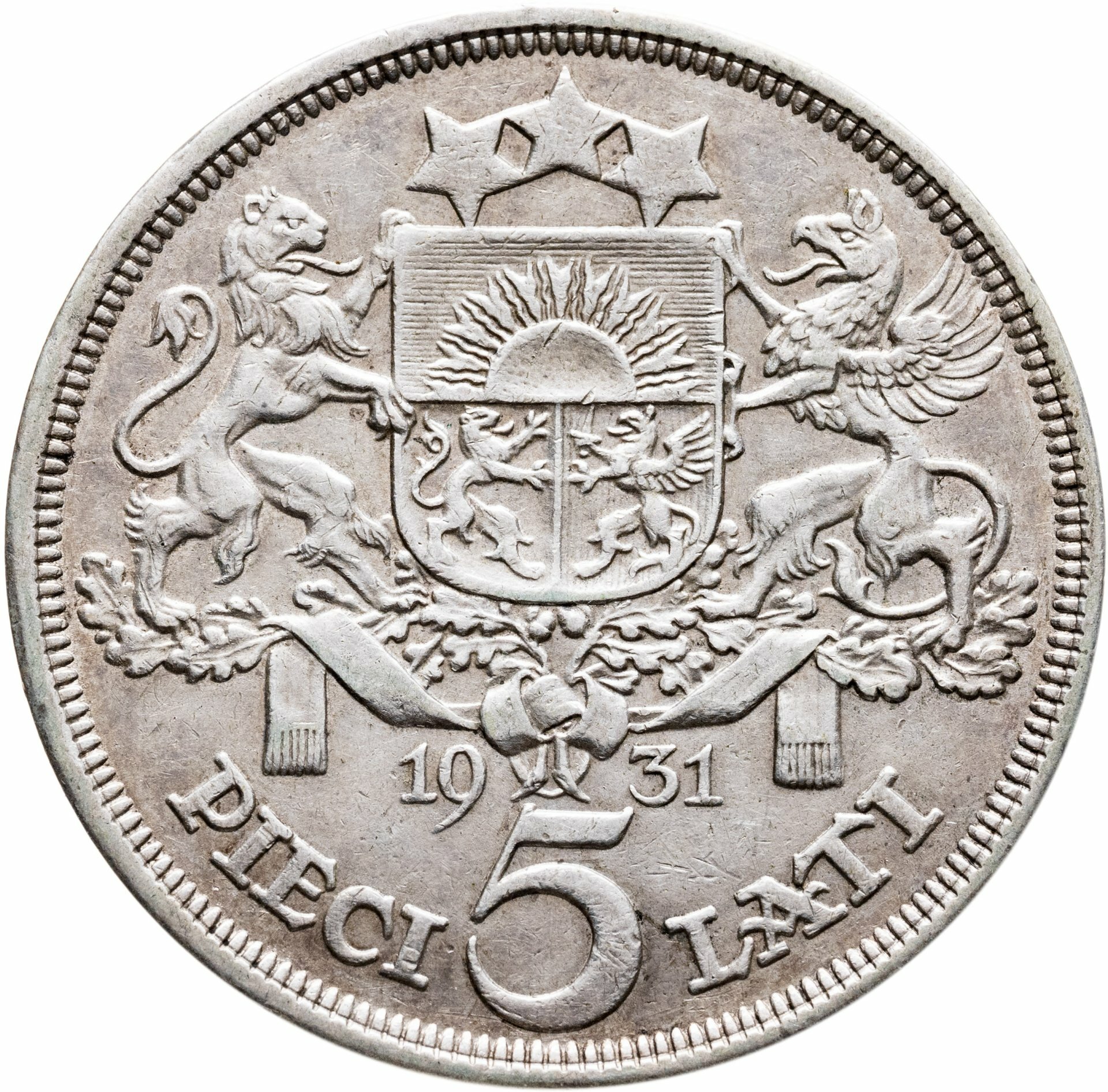 Латвия 5 латов 1931, Серебро 835, в сохранности VF-XF