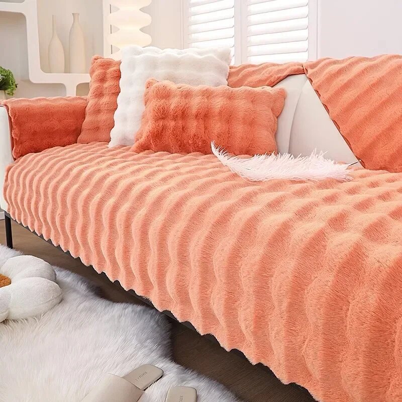 Утолщенный плюшевый чехол для дивана с кроликом, скандинавские однотонные чехлы для диванов, нескользящие чехлы для диванов, полотенце для дивана для декора гостиной 90x180cm 1pc, Оранжевый, A3 Orange