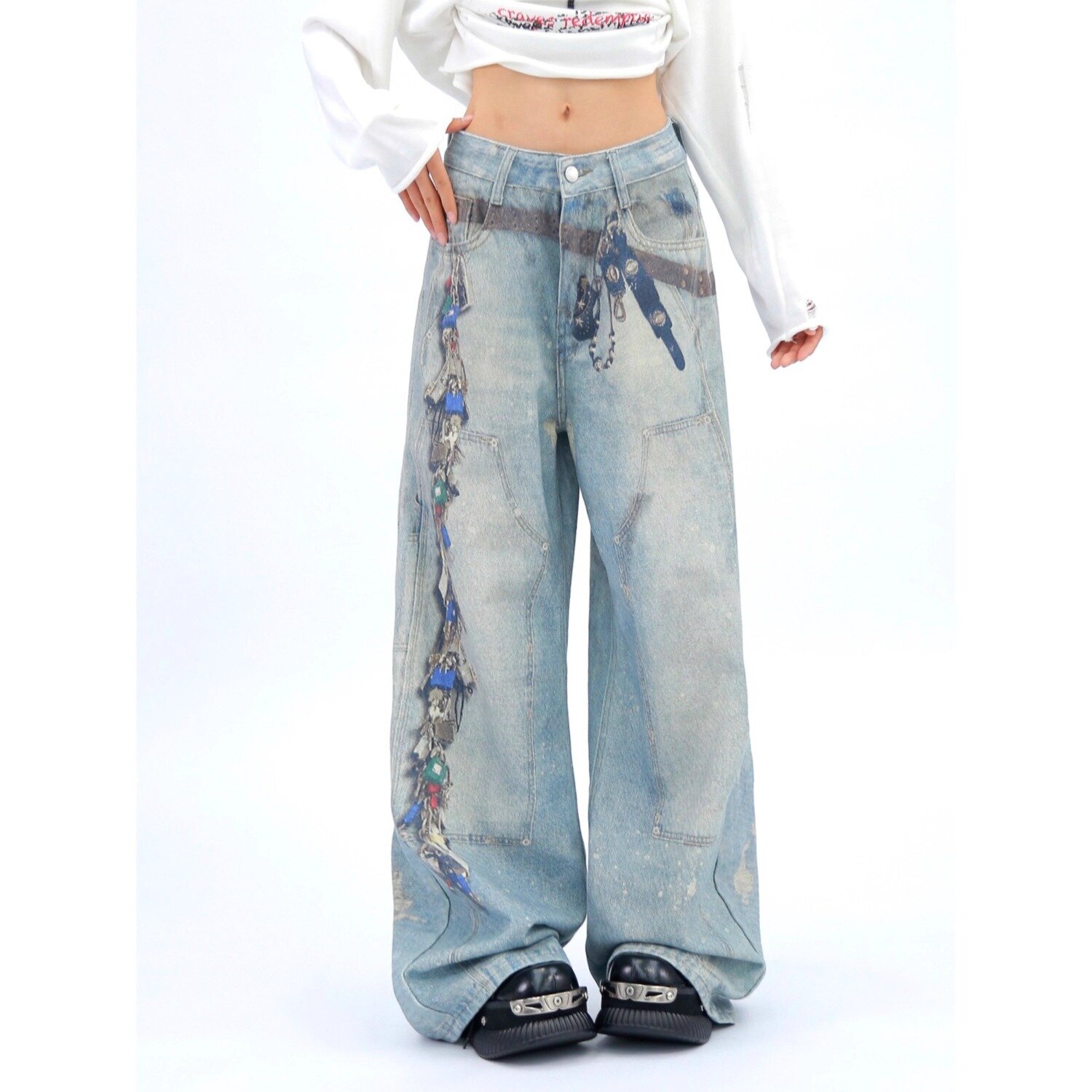 MON Джинсы Парные Винтажные Страненные Синие Чистые Прямые Деним, Размер_M