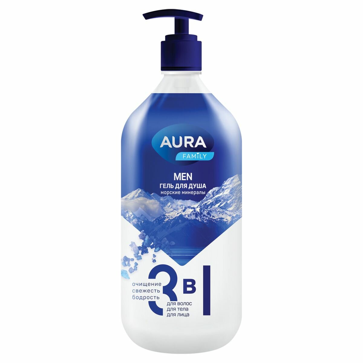 Гель для душа 3 в 1 для волос, тела и лица 1л, AURA FAMILY MEN "Морские минералы", дозатор (14952)