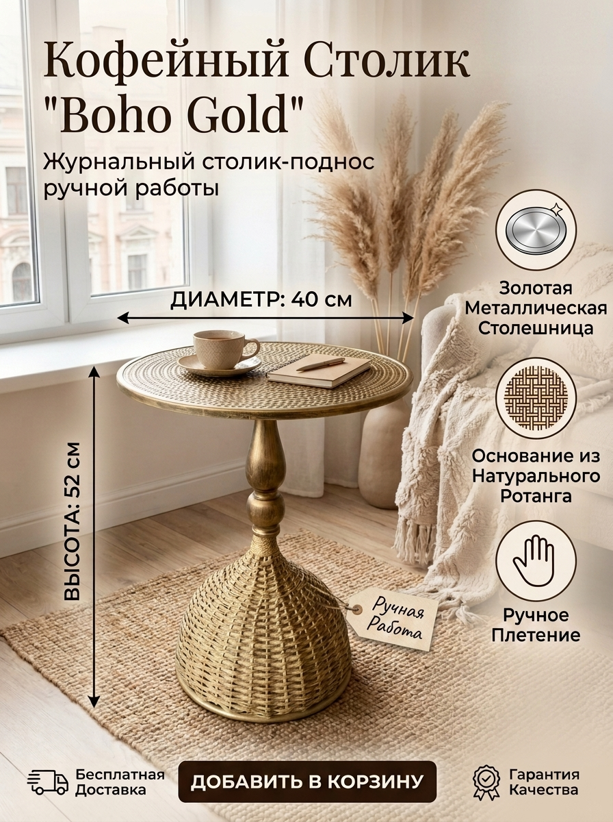 Журнальный столик HomeBlissA, плетеный, бронзовый, 40x40x52 см