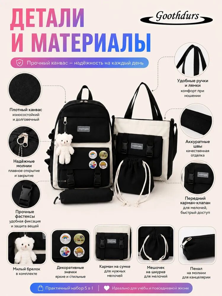 Набор сумок для учебы 5 в 1, рюкзак, шоппер, сумочка, мешочек и пенал, черный — фото 1