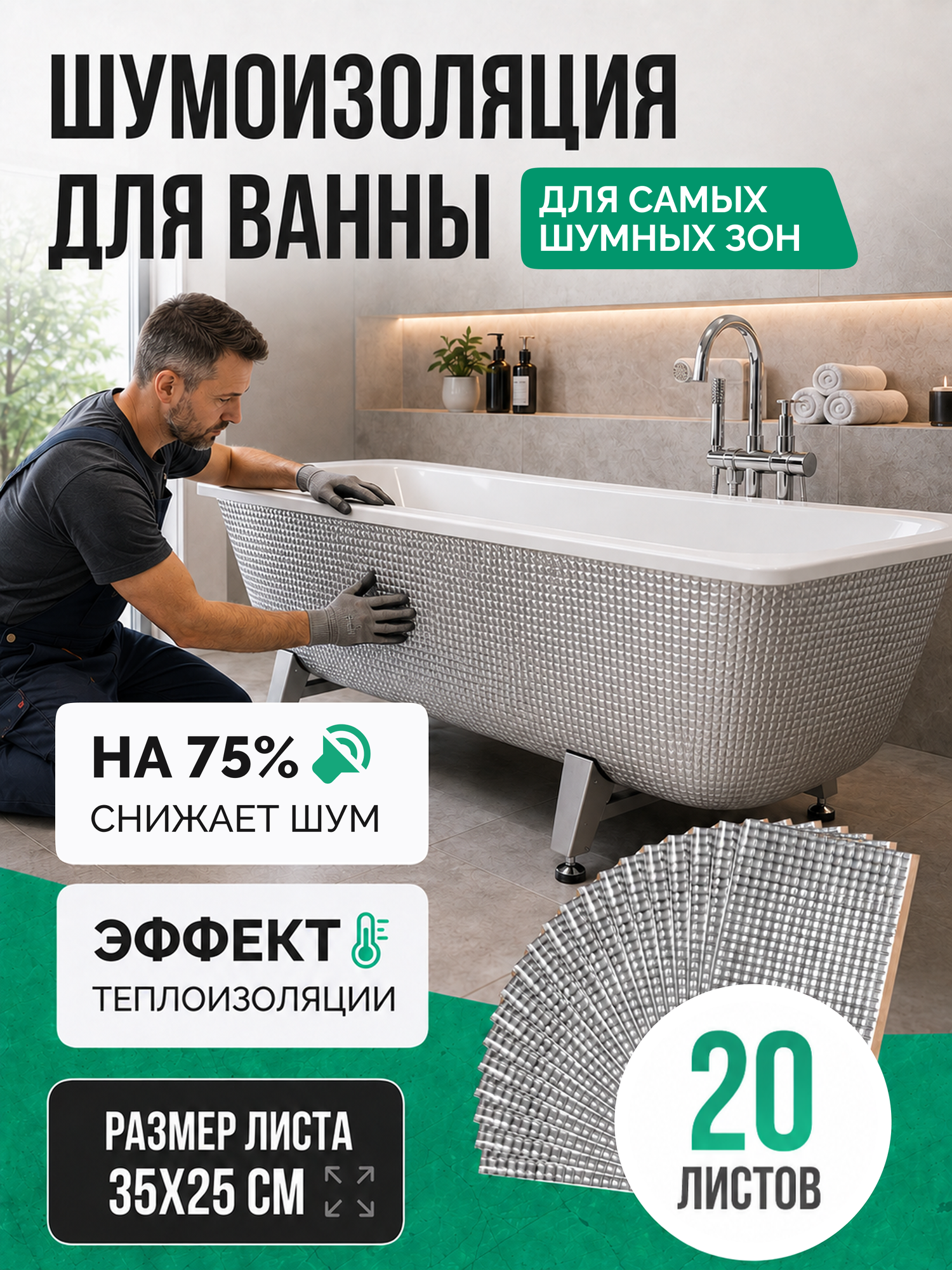 Звукоизоляция для ванны SGM ECO 20 листов. Шумоизоляция канализационных труб для и воздуховодов вентиляции