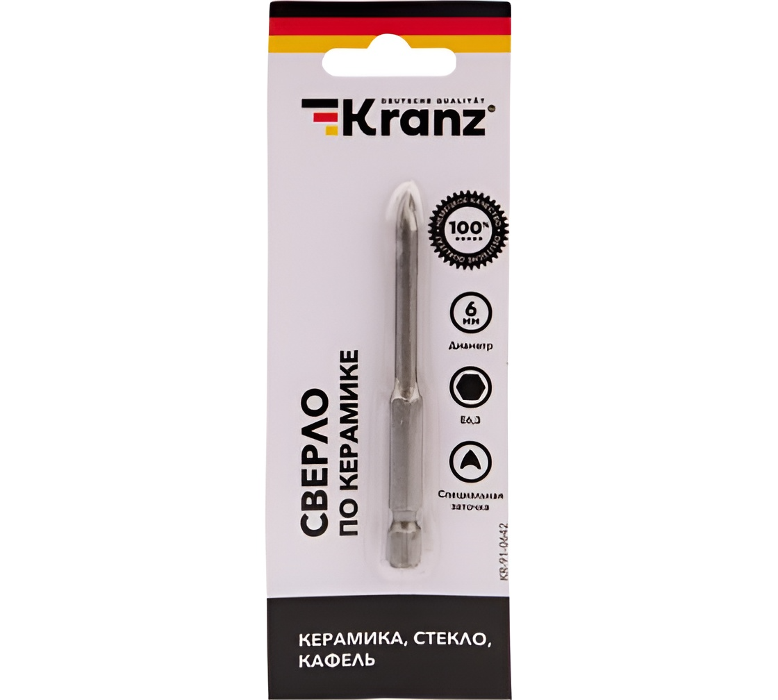 Сверло по стеклу и керамике 6 мм (шестигранный хвостовик) Kranz {KR-91-0642}