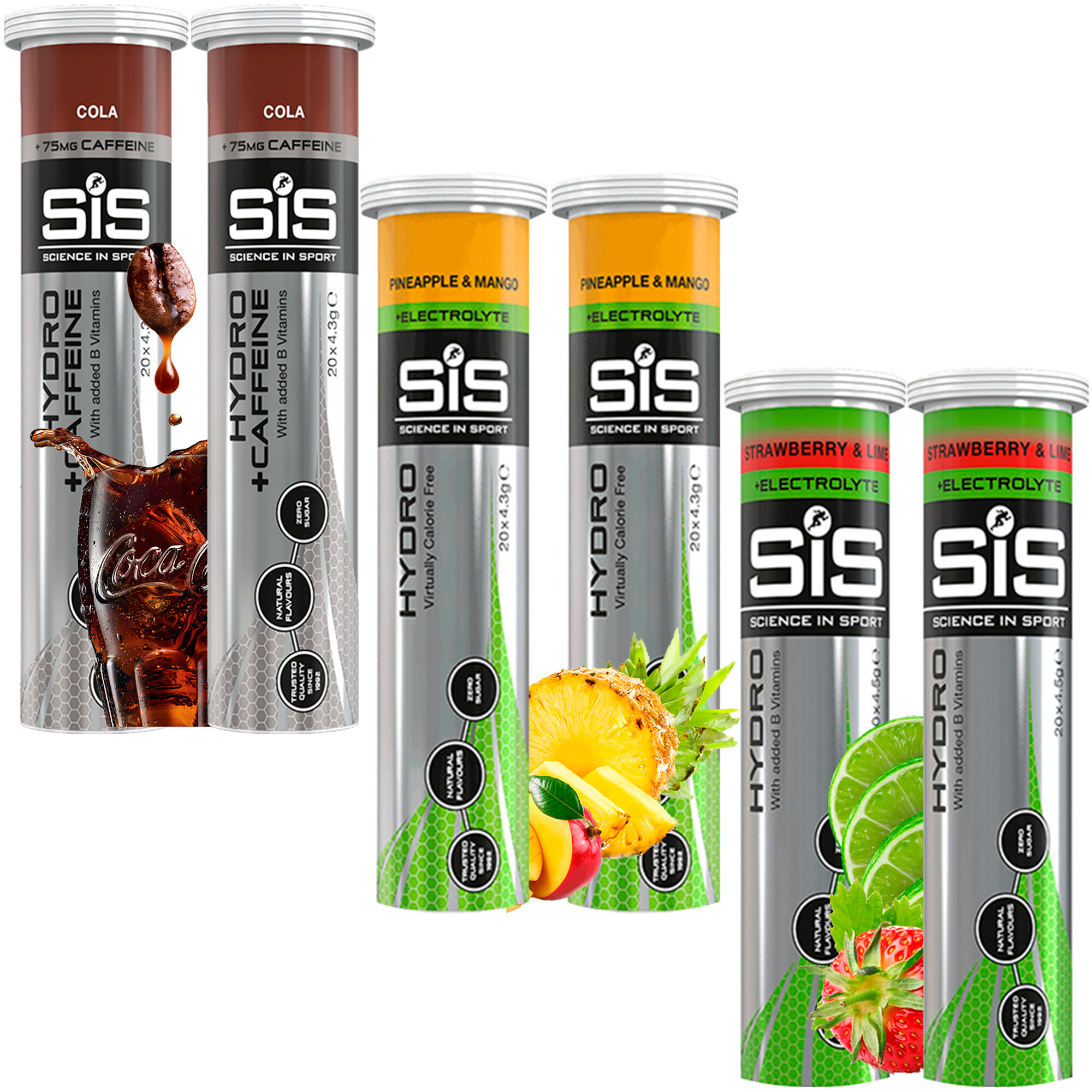 SCIENCE IN SPORT (SiS) GO Hydro Tablet 20s 6 x 20 таблеток, Кола, Ананас - Манго, Клубника - Лайм