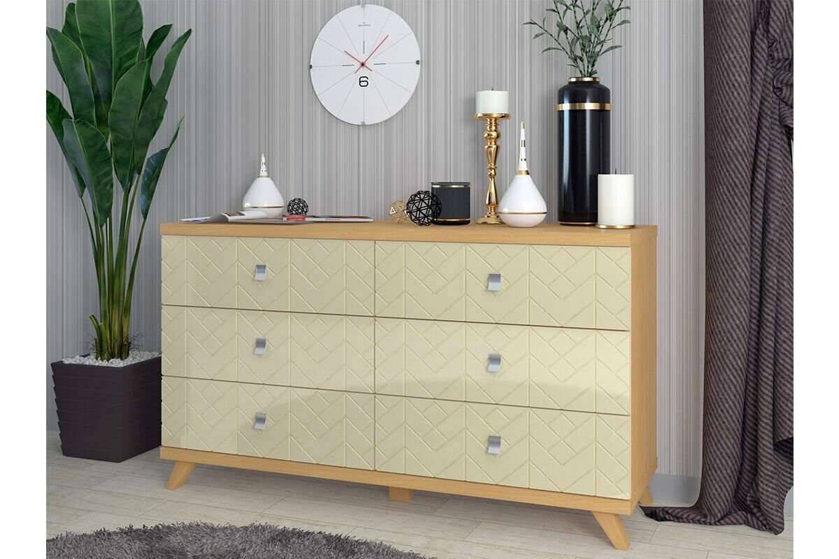Комод Ренди 7 140х40х80 фасад МДФ с фрезеровкой Зефир DM703-HG, корпус бук бавария светлый, ножка №1