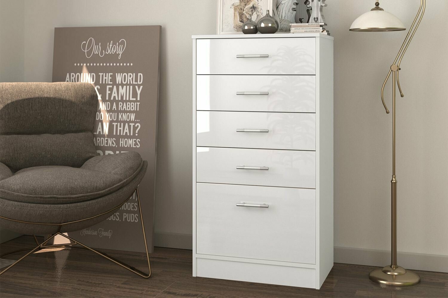 Комод Ричард 0.5 60х42х114 МДФ глянец белый DM635-6, корпус белый гладкий, 5 ящиков