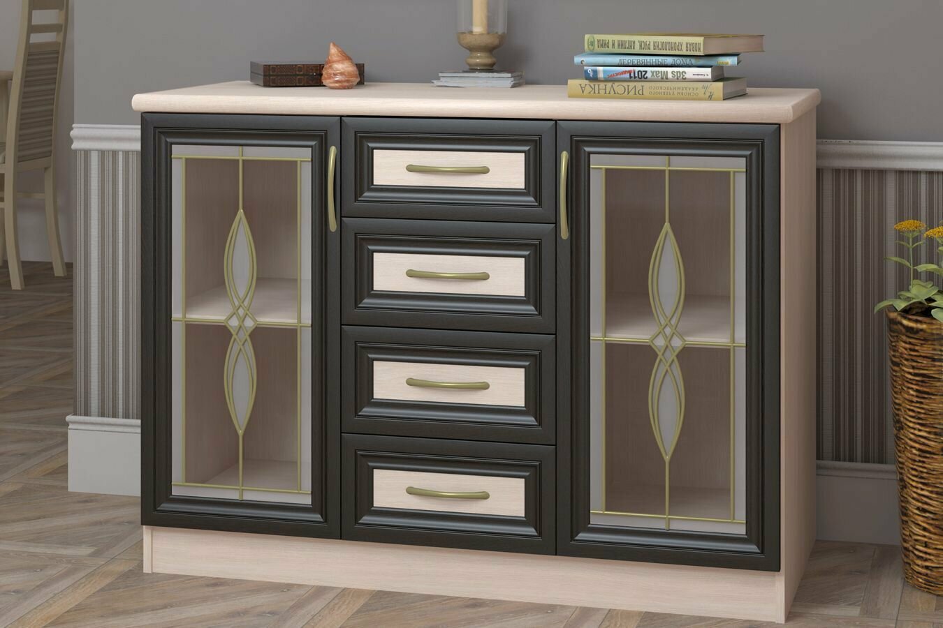 Комод №9 120х50х90 дуб млечный, рамка резная МДФ венге цаво, витражное стекло