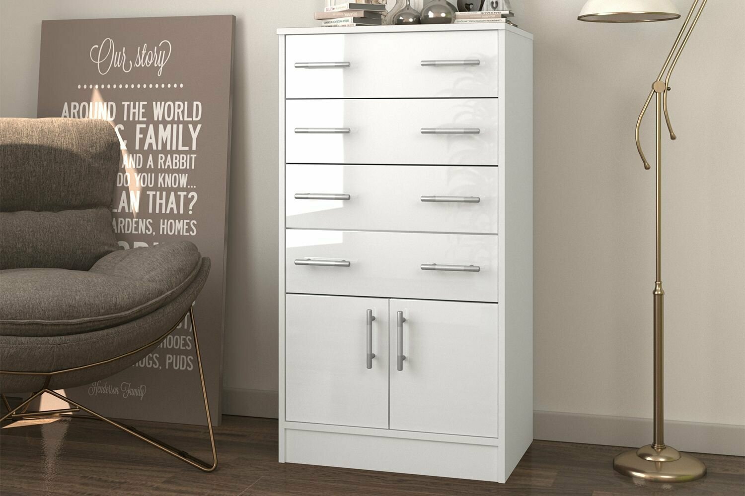 Комод Ричард 4.2 60х42х114 МДФ глянец белый DM635-6, корпус белый гладкий, 4 ящика и 2 дверцы