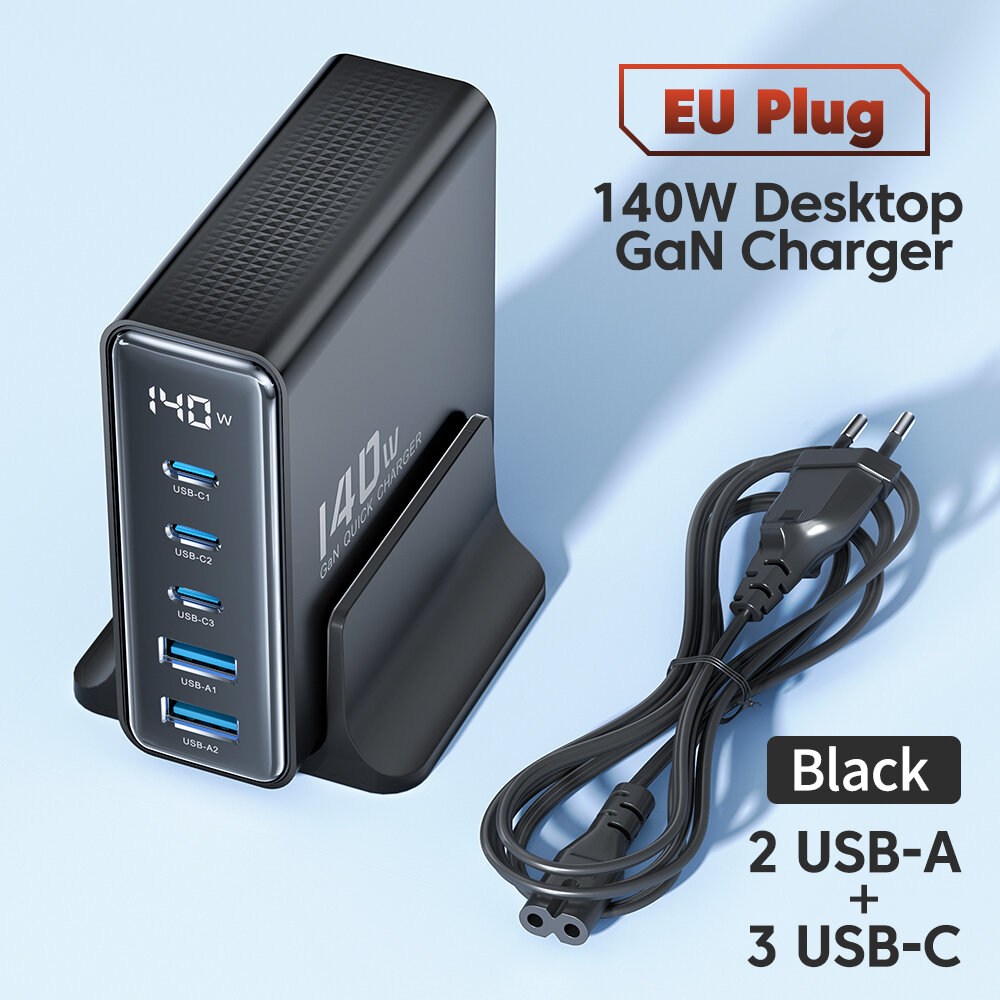 Сетевое зарядное устройство Toocki 140w GaN c быстрой зарядкой 2 USB + 3 USB Type-C TCTZM=YLC01(цвет черный)