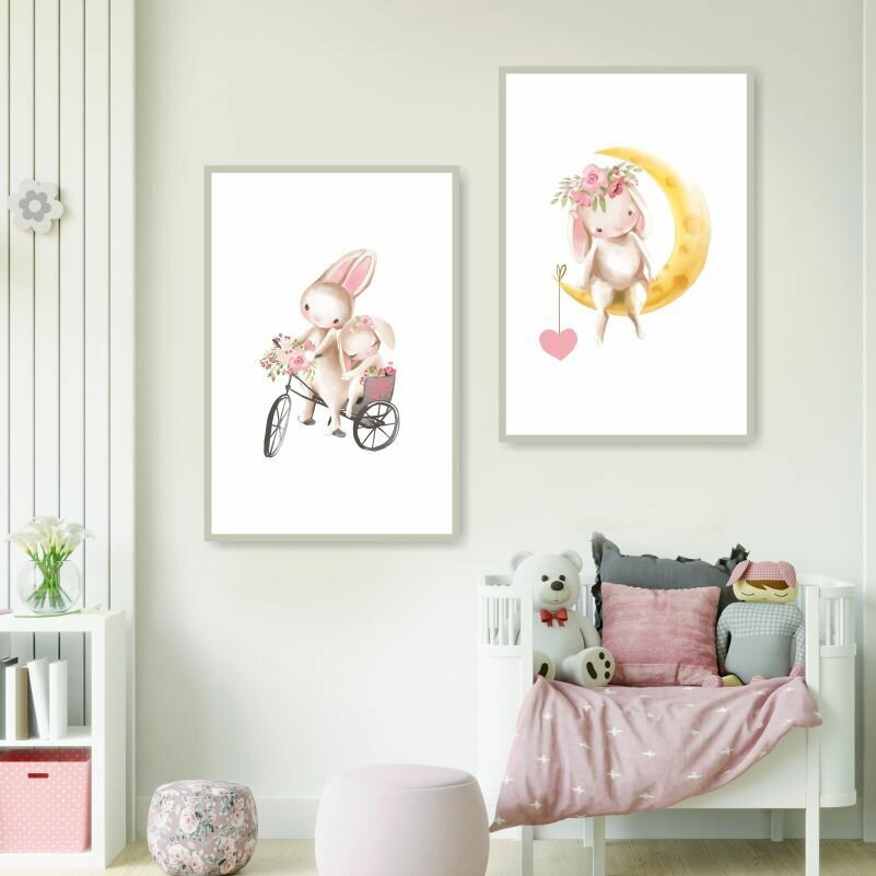 Набор постеров для интерьера Зайки Для Детской Тип 2 Вертикальный 40х50 см в тубусе ПолиЦентр, 2 шт