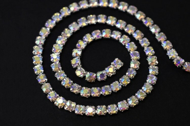 Стразовая цепь, звено 4,0х4,0мм, цвет хрусталь АВ/серебро, латунь, 47-028, 50см (около 70 страз)