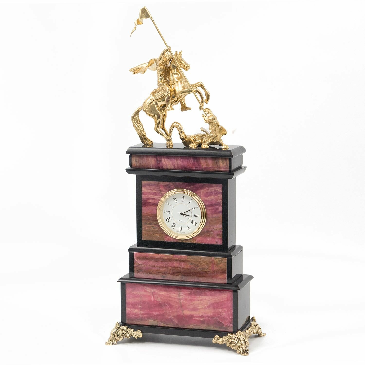 Часы из родонита и бронзы "Георгий Победоносец"