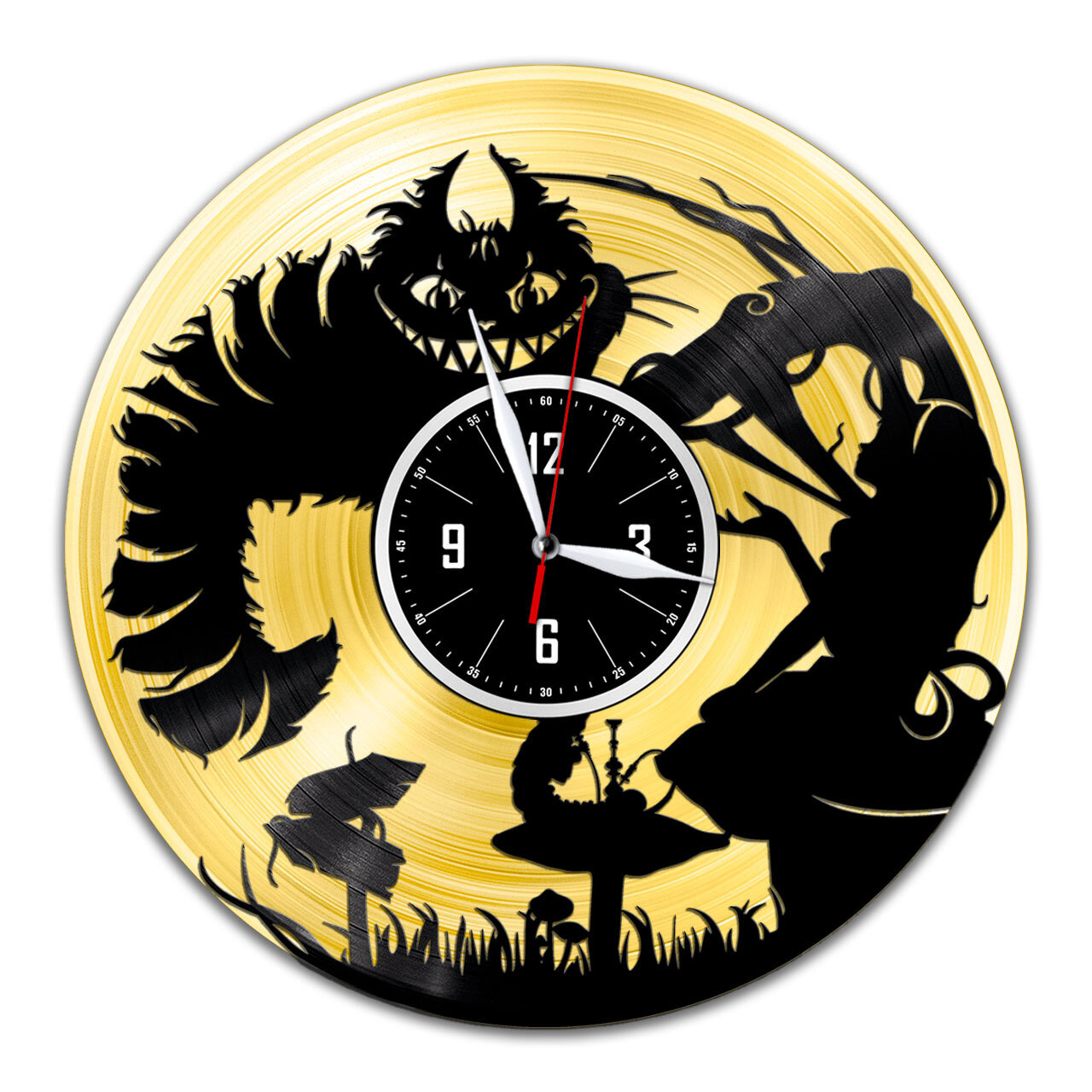 Алиса в стране чудес - настенные часы из виниловой пластинки (с золотой подложкой)