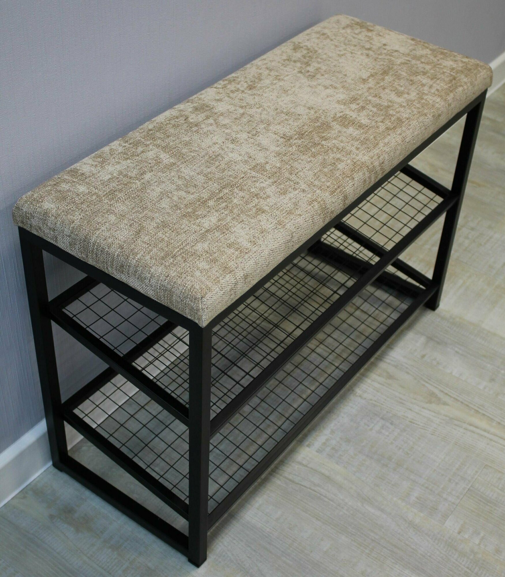 Обувница с мягким сиденьем "Энни" / 75х30х52см / черный каркас - песочный шенилл