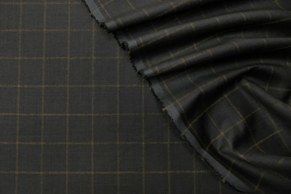 Ткань темно-серая костюмная шерсть в горчичную клетку, ширина 1.54 м