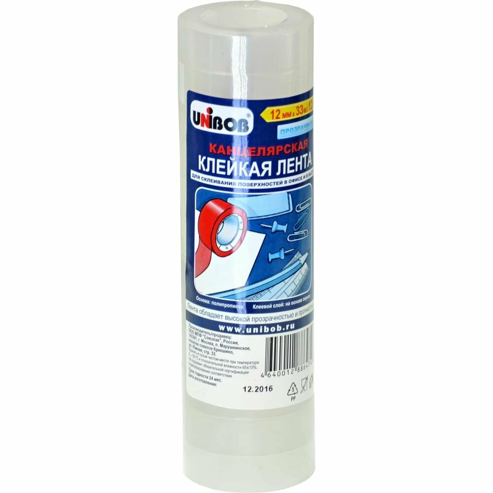 Канцелярская клейкая лента Unibob 12 мм х 33 м прозрачная 214968