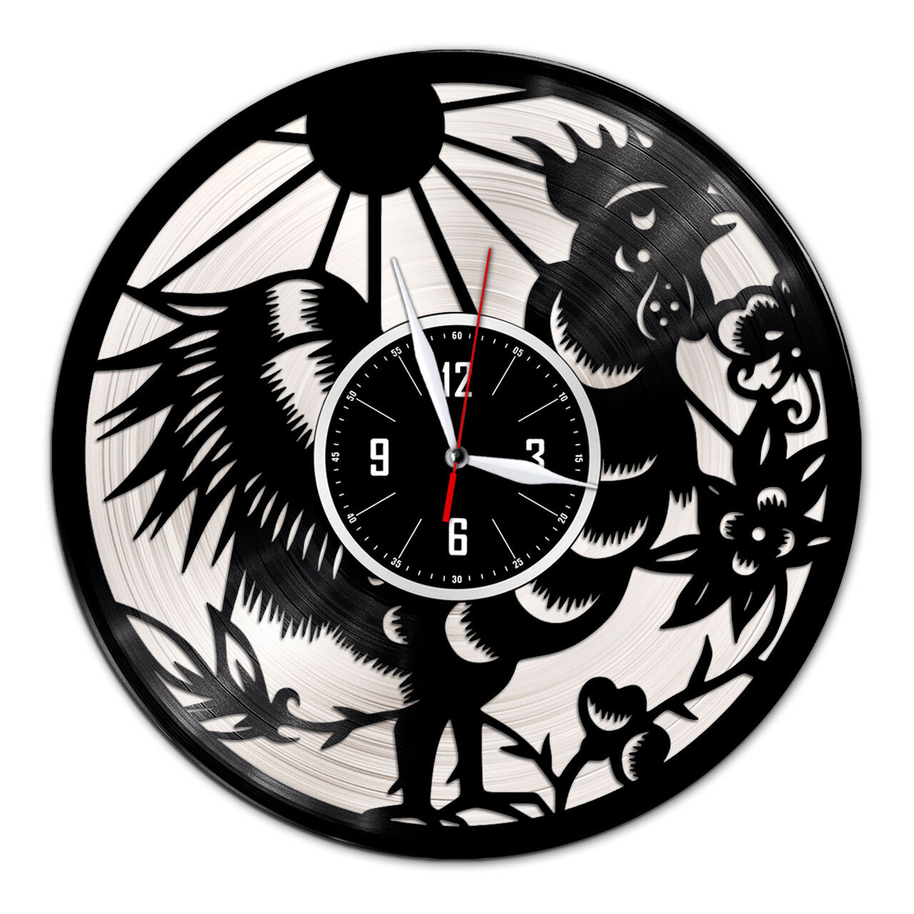 Петух - настенные часы из виниловой пластинки (с серебряной подложкой)