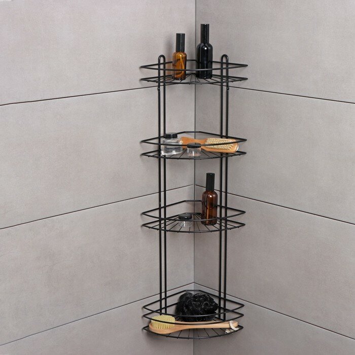 Полка угловая для ванной 4-х ярусная Native, 175×175×762 мм, чёрная, матовая