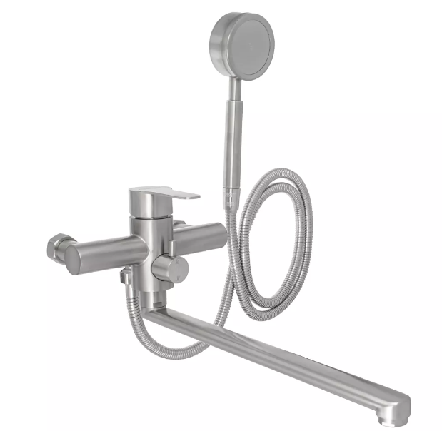 СоюзКран SS08-P118, Смеситель для ванны с душем прямой излив 35см, керамический картридж 40мм, нержавеющая сталь