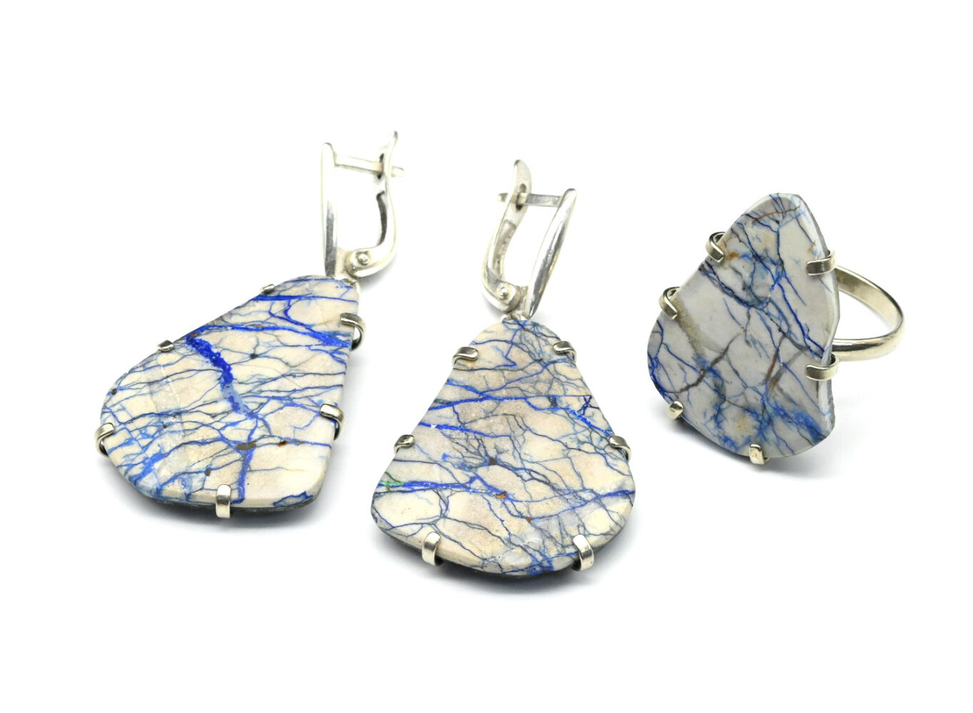 Комплект бижутерии: серьги, кольцо, малахит, лазурит