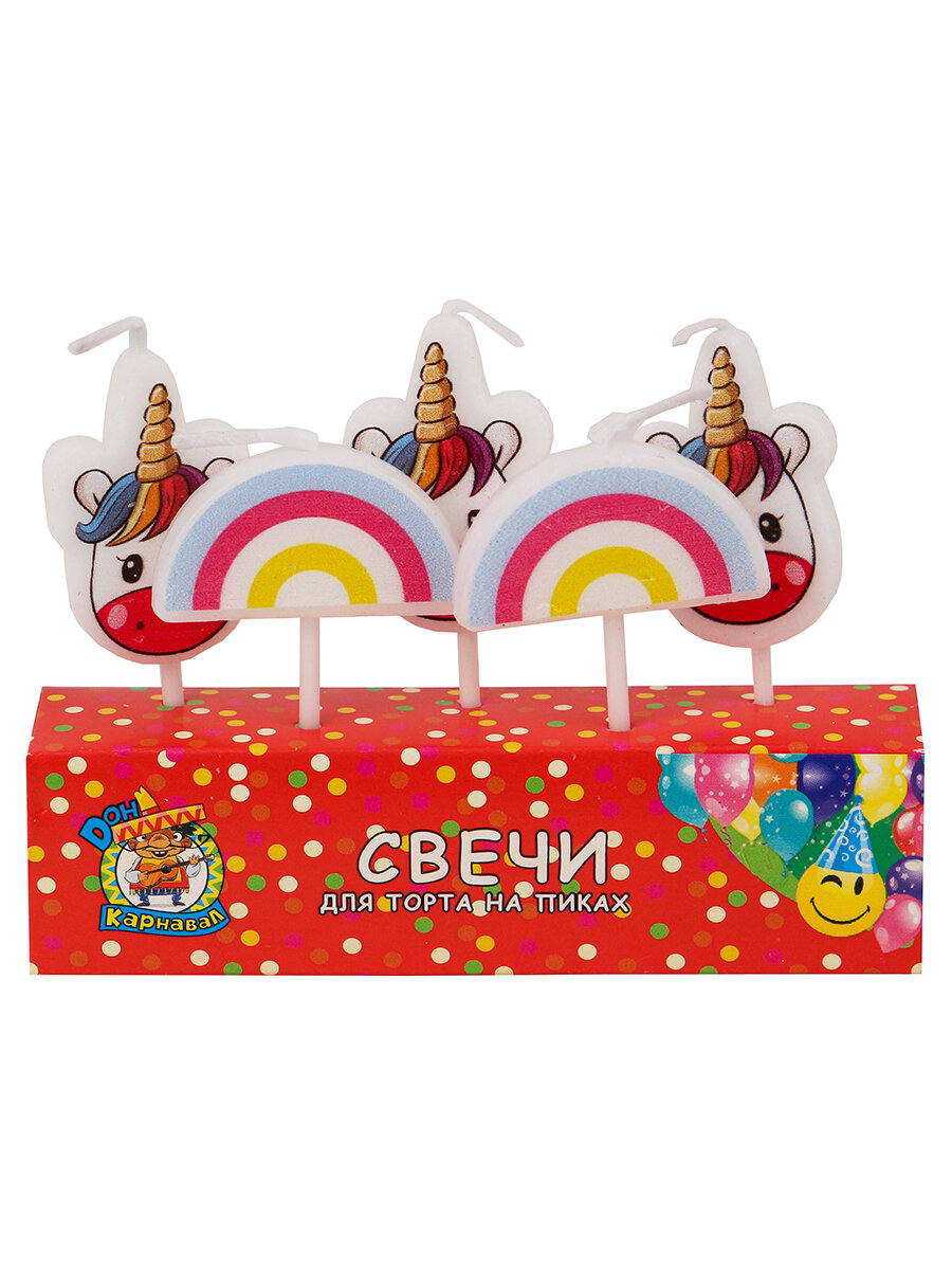Миленд Свечи для торта на шпажках Яркий единорог и радуга (5 шт./уп.)