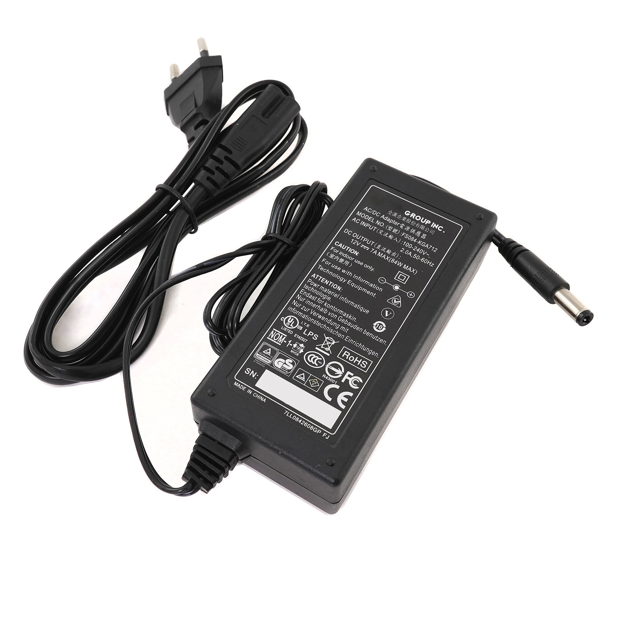 Блок питания (сетевой адаптер) для монитора 12V 7A 84W 5.5x2.5 мм черный, с сетевым кабелем