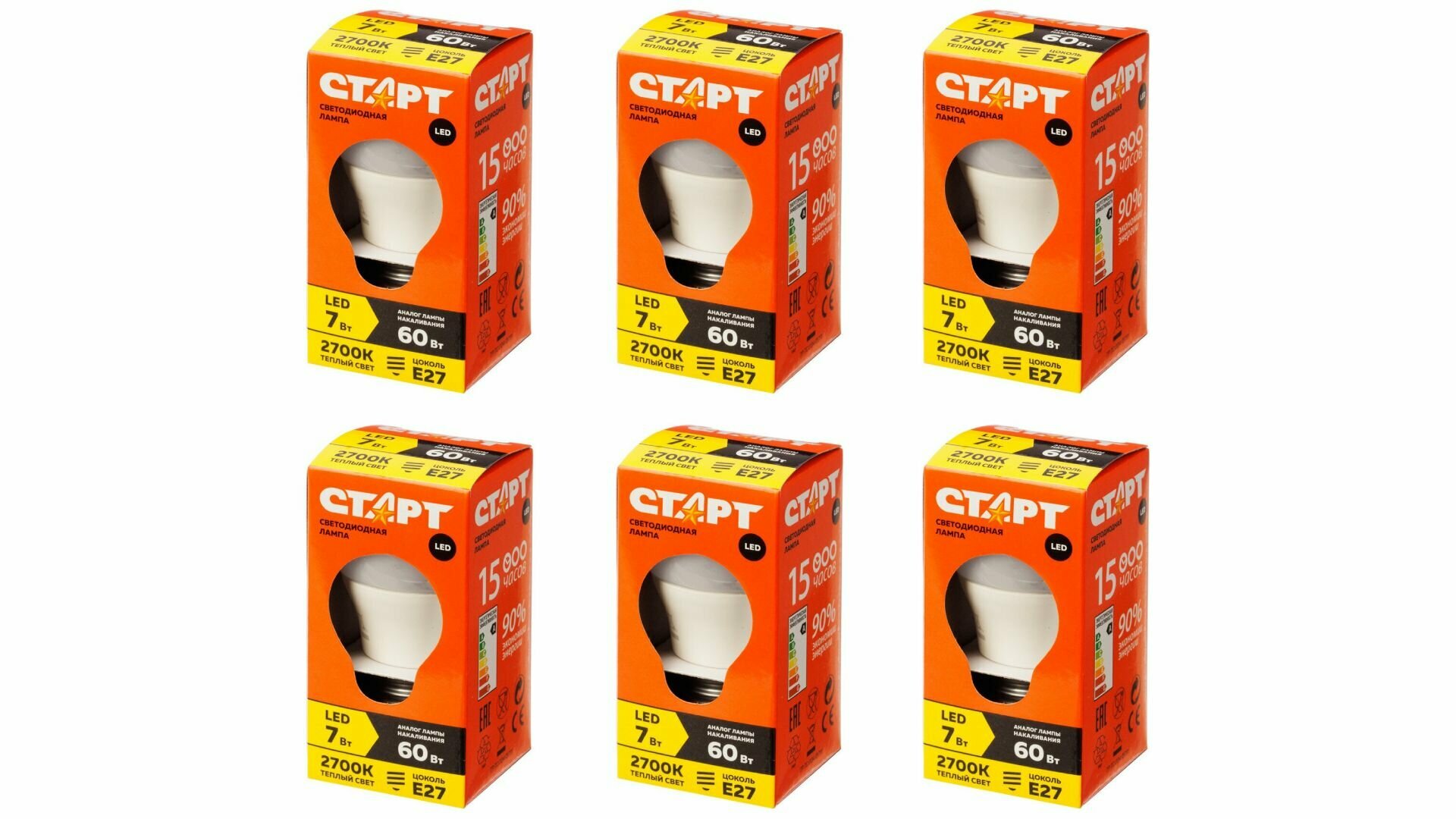Старт Лампа светодиодная ECO 7W, E27, 2700k, теплый белый свет, 6 шт.